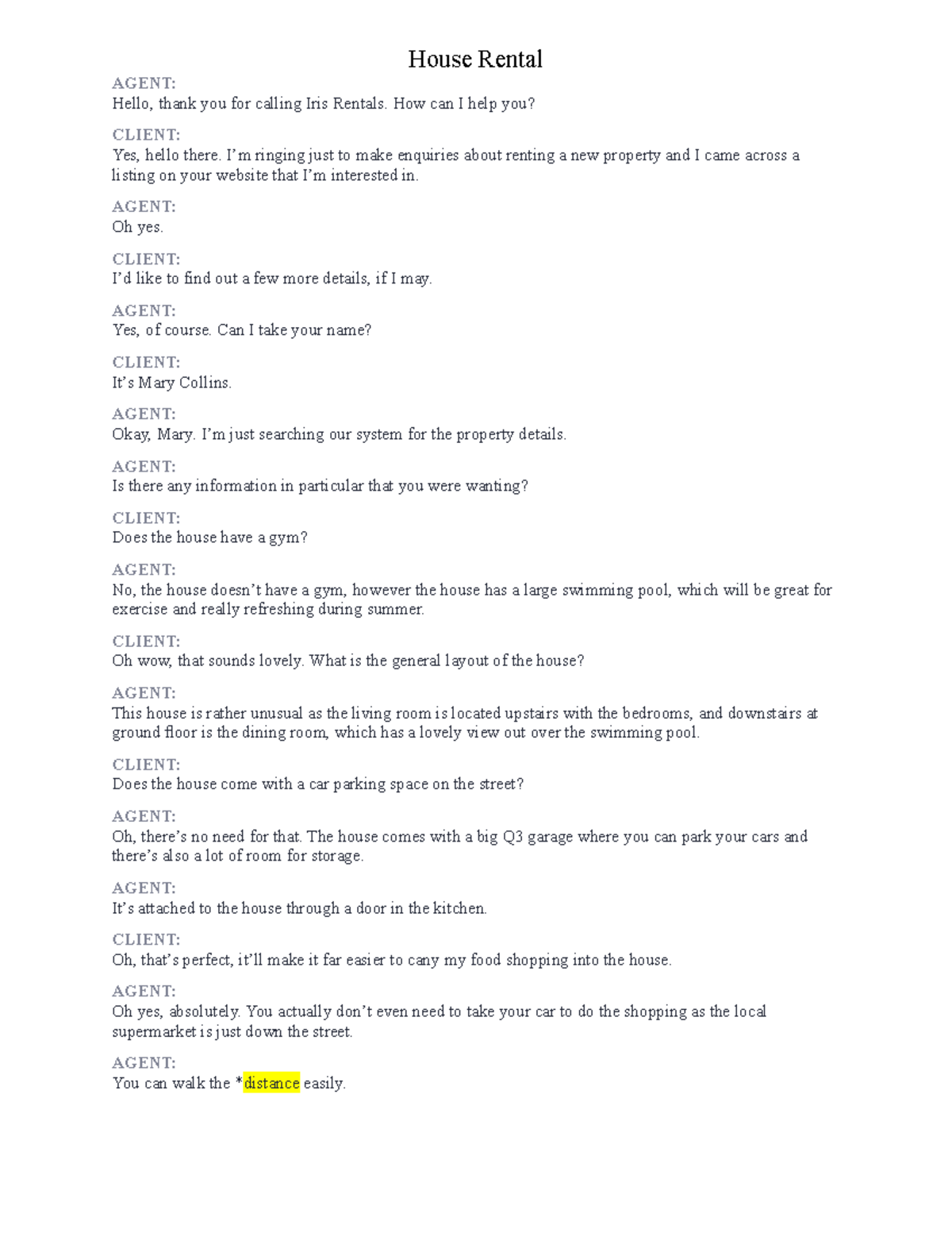 House Rental - this is the ielts listening test - House Rental AGENT ...