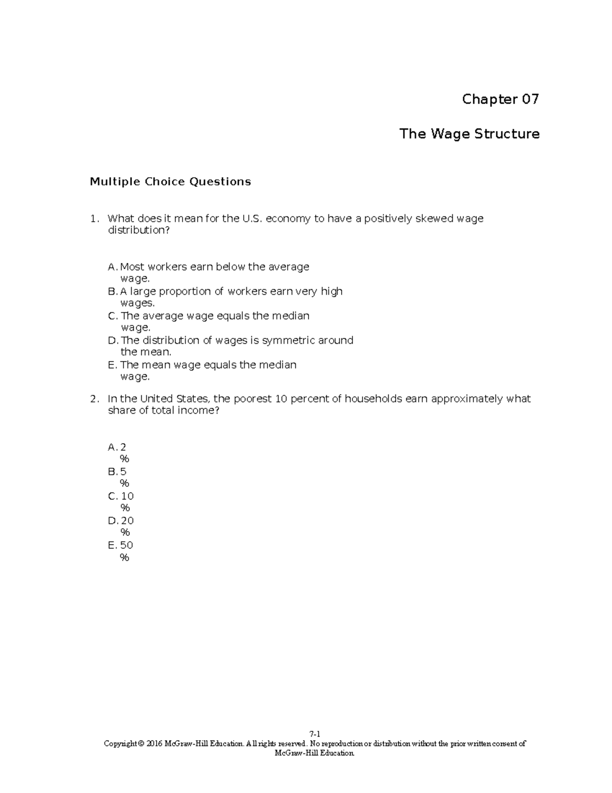 TBChap 007 - Chapter 07 The Wage Structure Multiple Choice Questions 1. What does it mean for ...