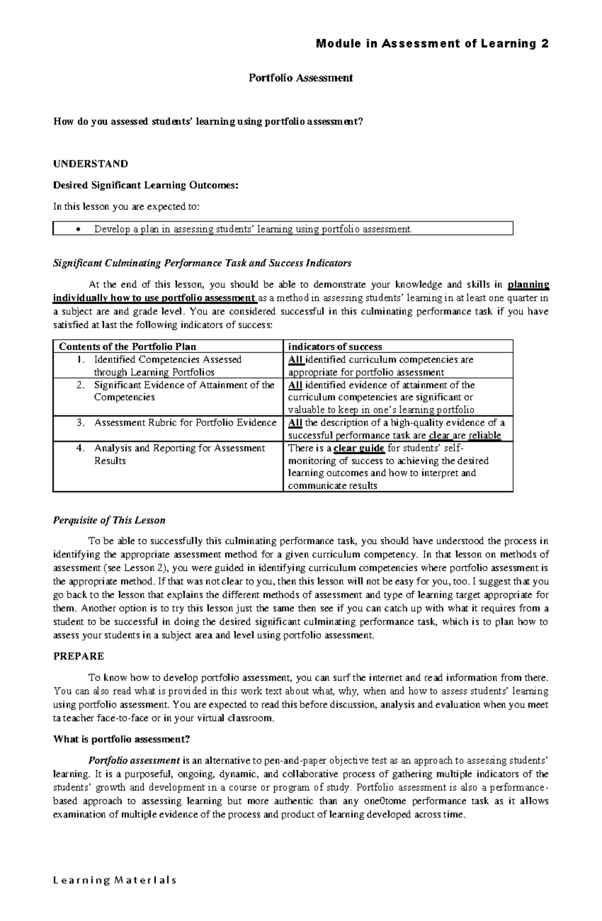 Learning Material Portfolio Assessment - Portfolio Assessment How do ...