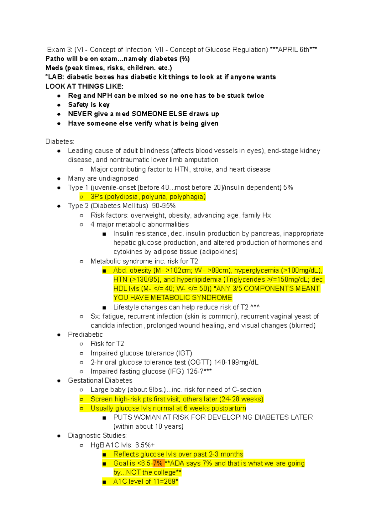 NURA 115 (infection and glucose) - Exam 3: (VI Concept of VII Concept ...