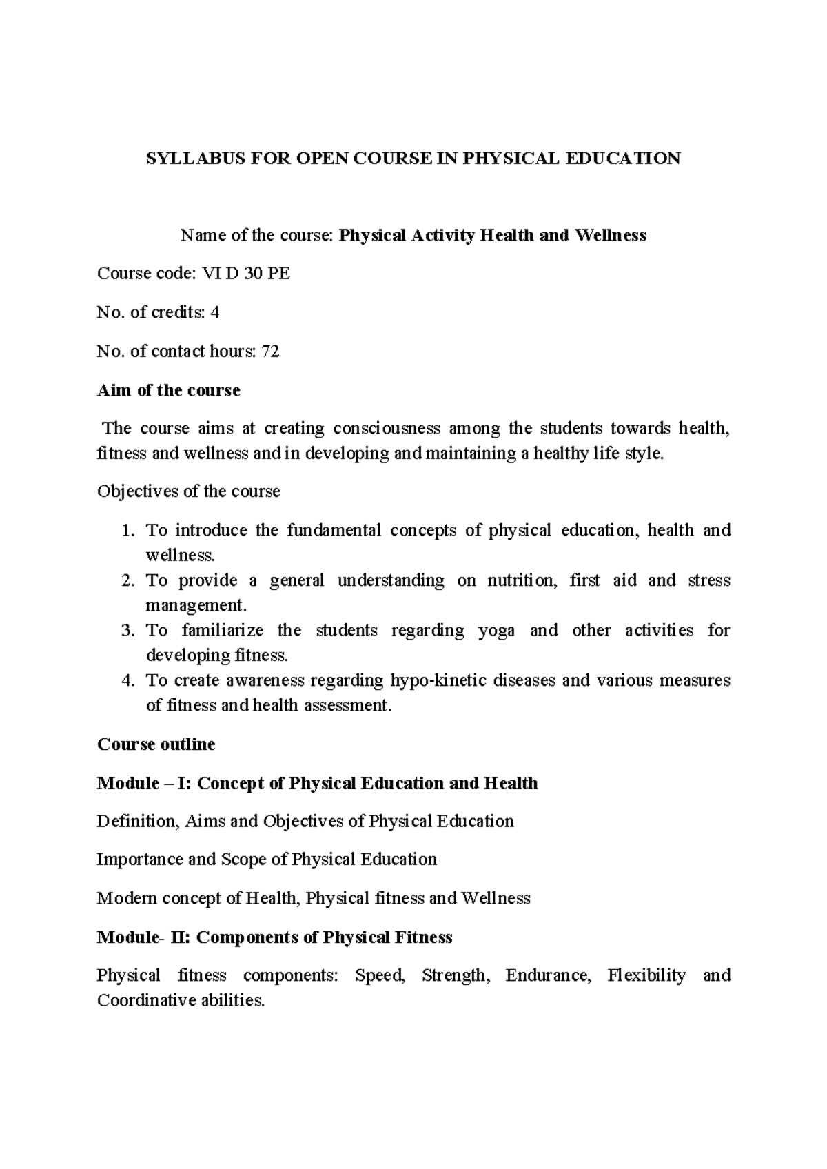 Pe oc - syllabus - SYLLABUS FOR OPEN COURSE IN PHYSICAL EDUCATION Name ...