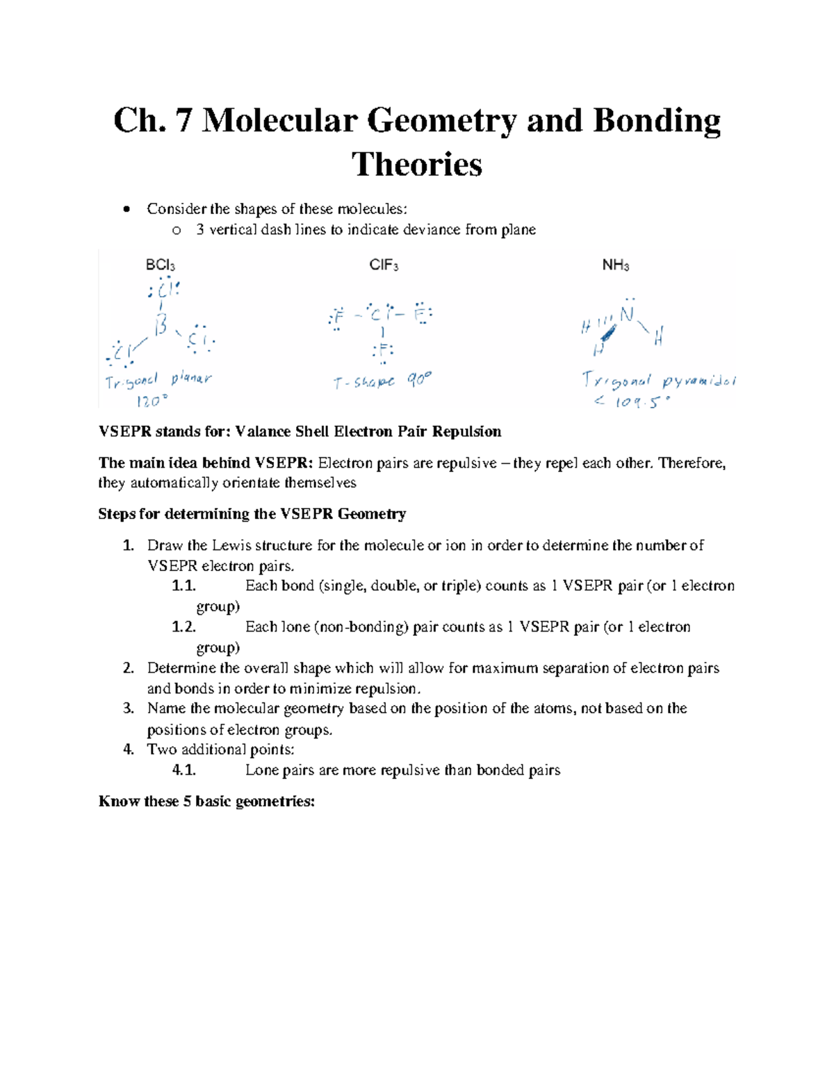 CHEM 1411 CH.7 notes - Ch. 7 Molecular Geometry and Bonding Theories ...
