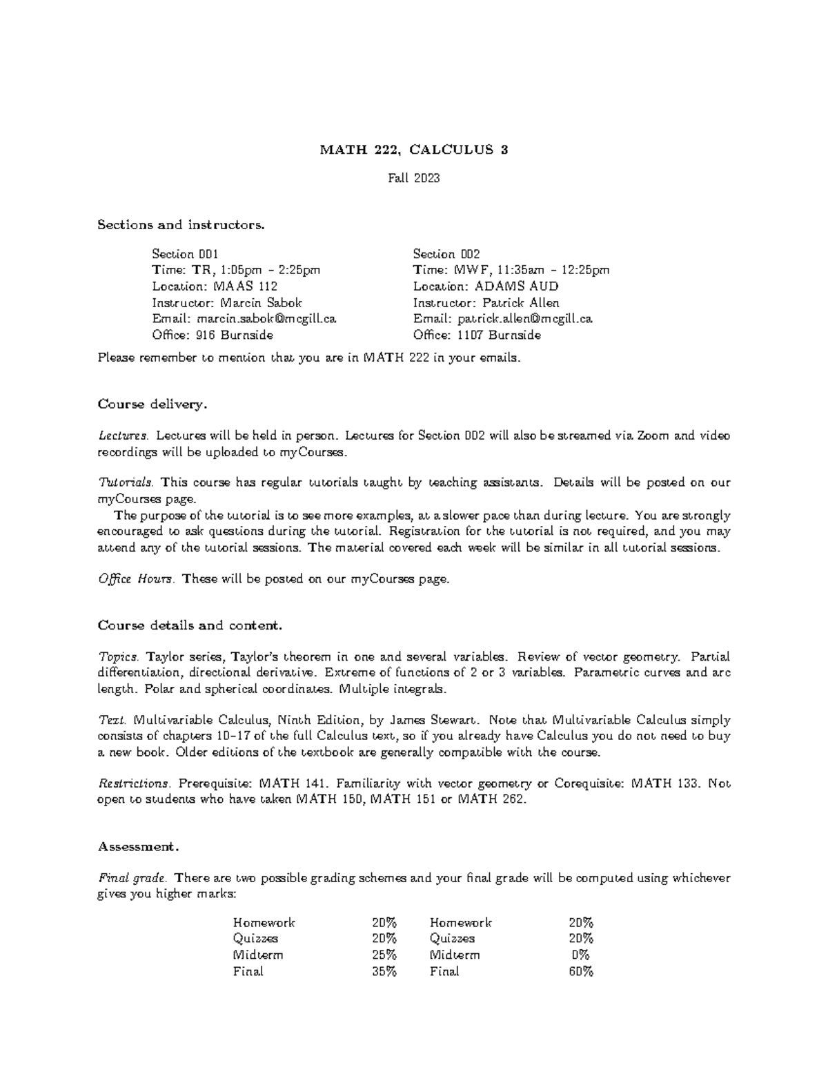 Cal 3outline - its the course outline - MATH 222, CALCULUS 3 Fall 2023 ...