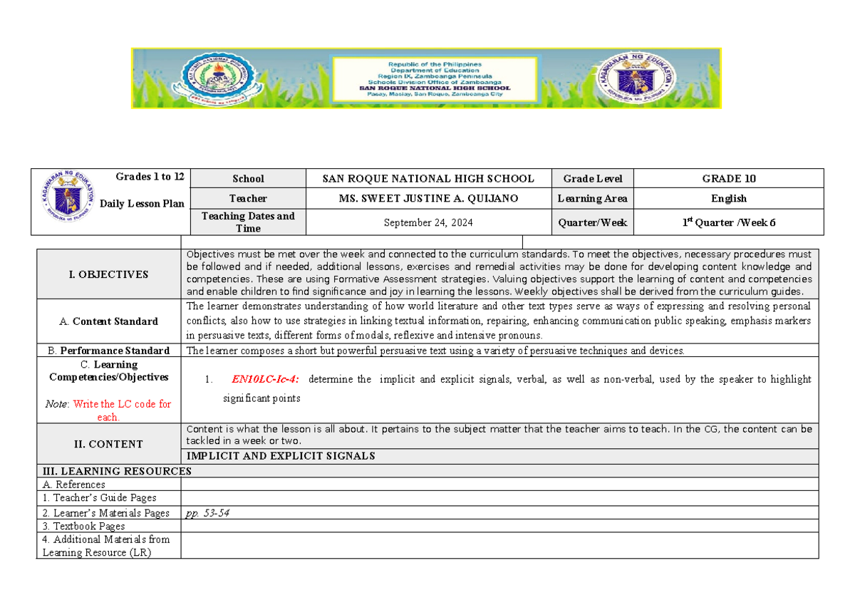 Q1 W6- Implicit AND Explicit - Grades 1 to 12 Daily Lesson Plan School ...
