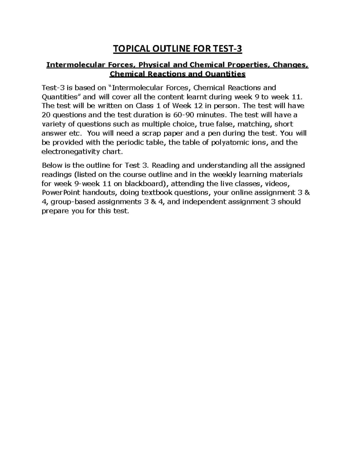 Topical Outline CHEM 1021 TEST3 202201 - TOPICAL OUTLINE FOR TEST ...