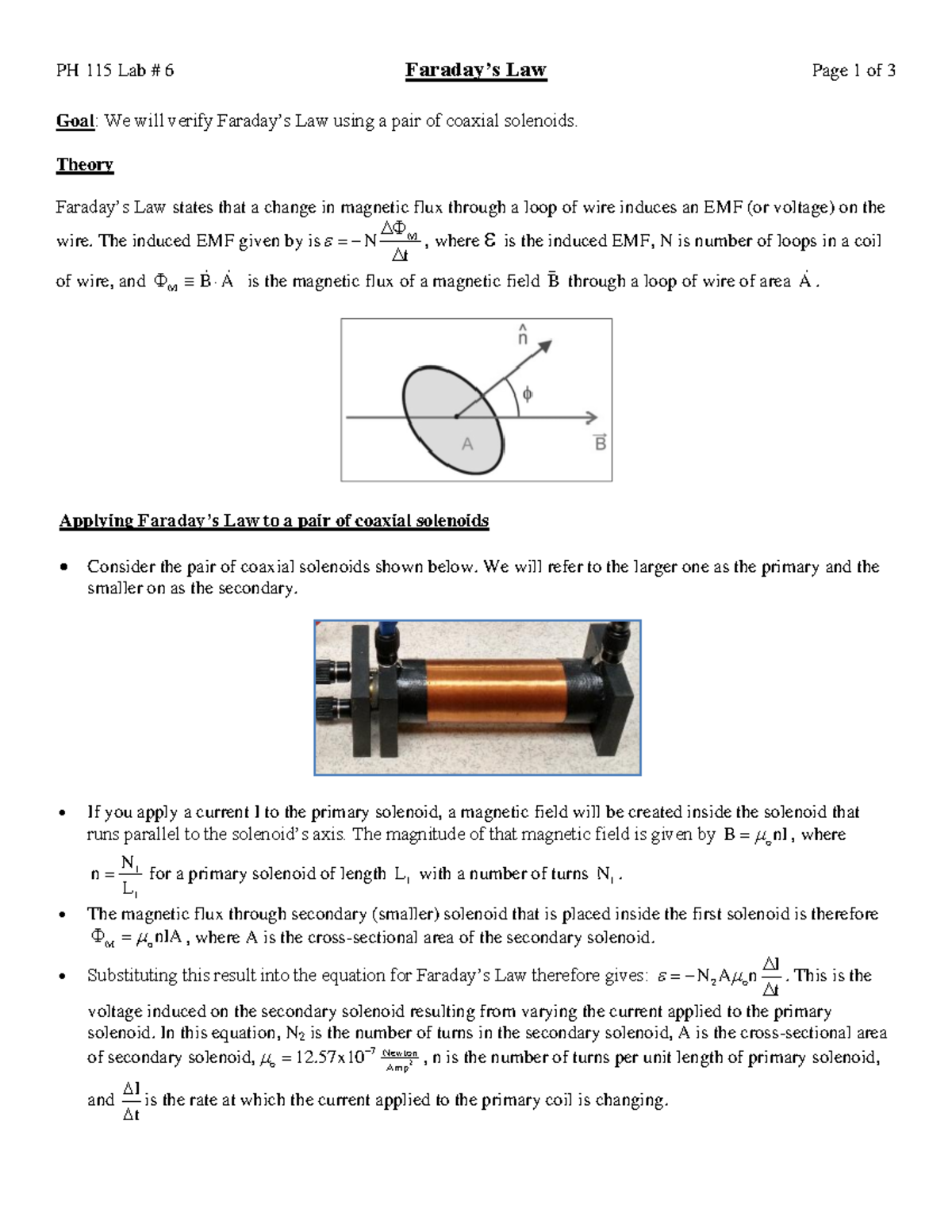 Faradays Law - PH 115 Lab # 6 Faraday’s Law Page 1 of 3 Goal: We will ...