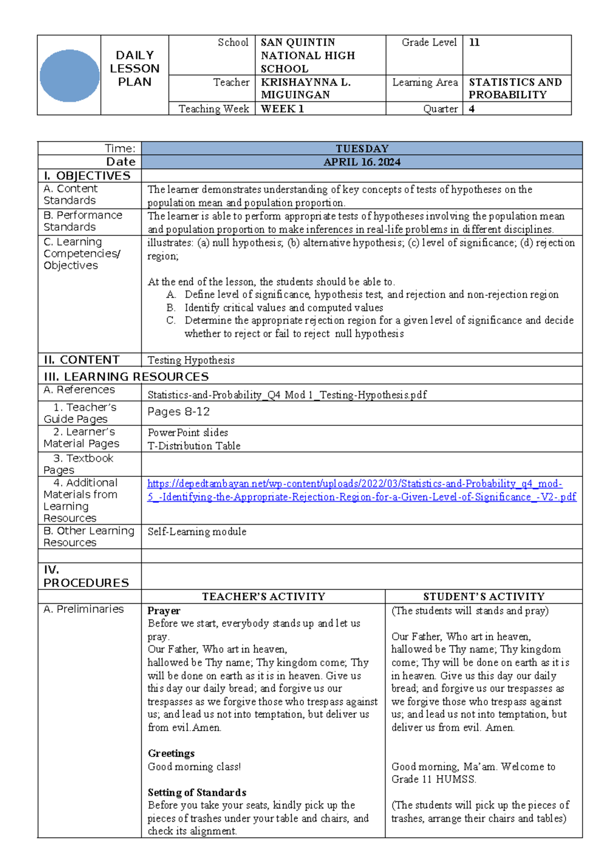 PRE-DEMO - Sample DLP in Statistics and Probability - DAILY LESSON PLAN ...