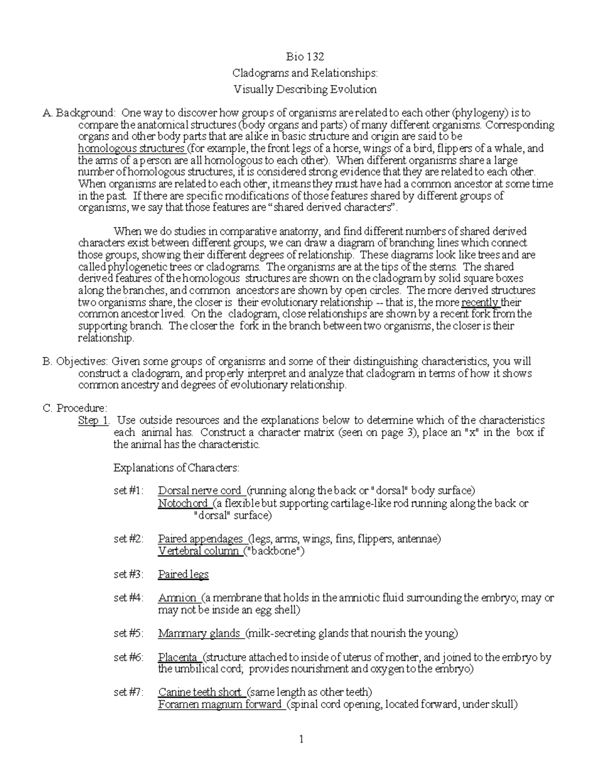 Cladogram Activity W21 - Bio 1 32 Cladograms and Relationships ...