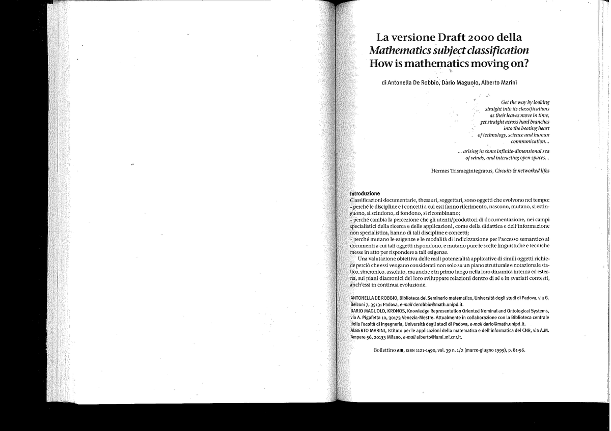 La versione Draft 2000 della Mathematics - Research and Teaching Mathos ...