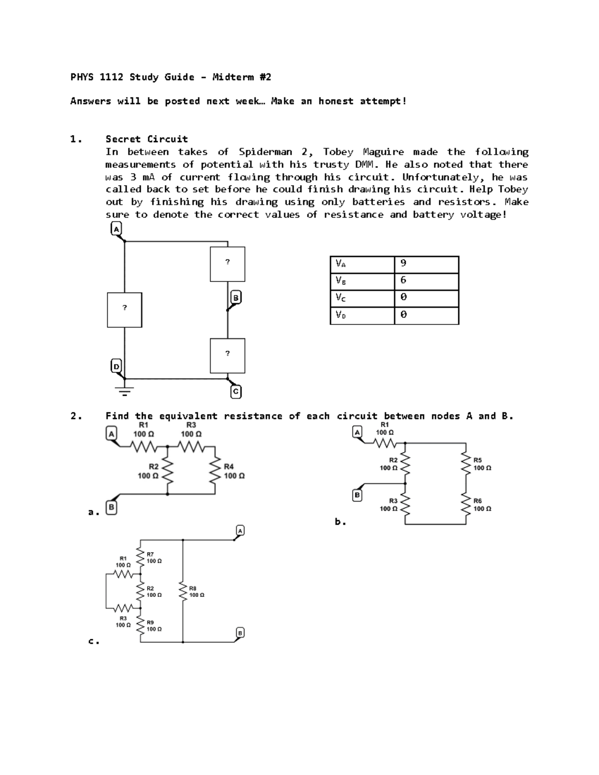 Midterm 02 Study Guide - PHYS 1112 Study Guide – Midterm Answers will be posted next week ...