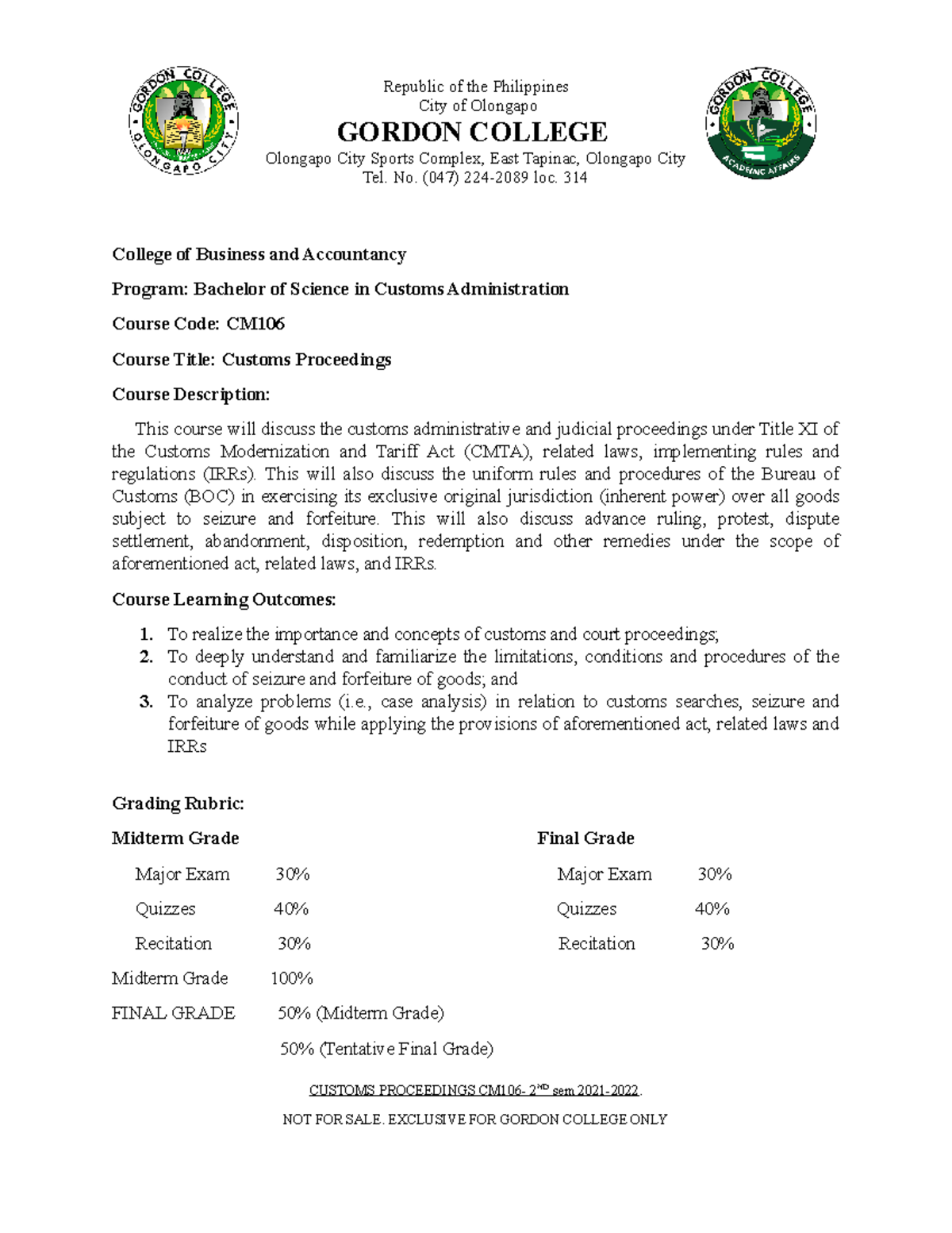 CM106 Customs Proceedings - City of Olongapo GORDON COLLEGE Olongapo ...