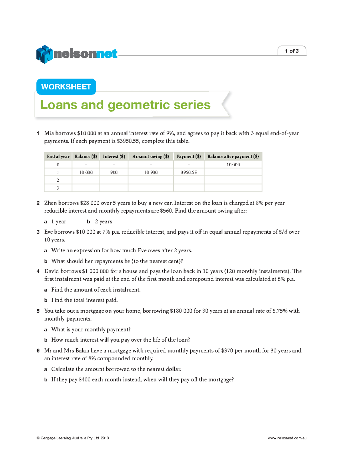 Loans Geometric Series - © Cengage Learning Australia Pty Ltd 2019 ...