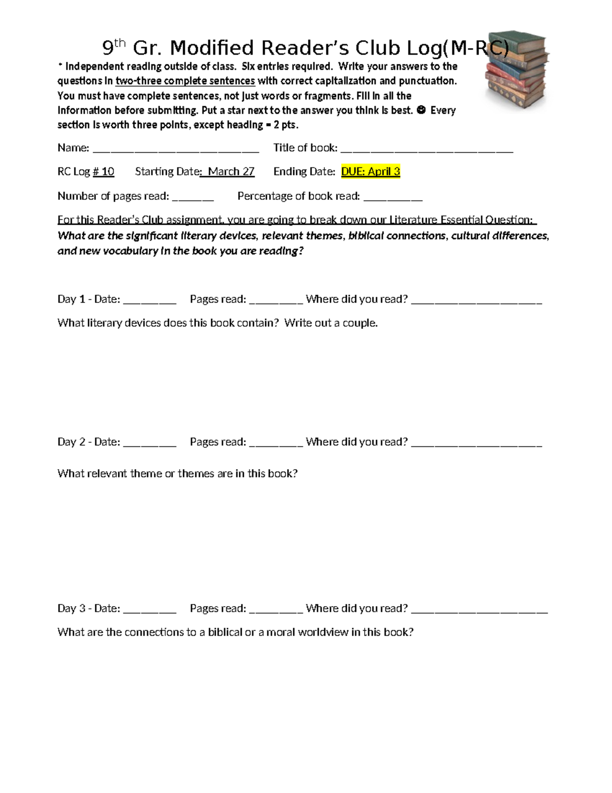 9th- Modified Readers Club LOG - 9 th Gr. Modified Reader’s Club Log(M ...