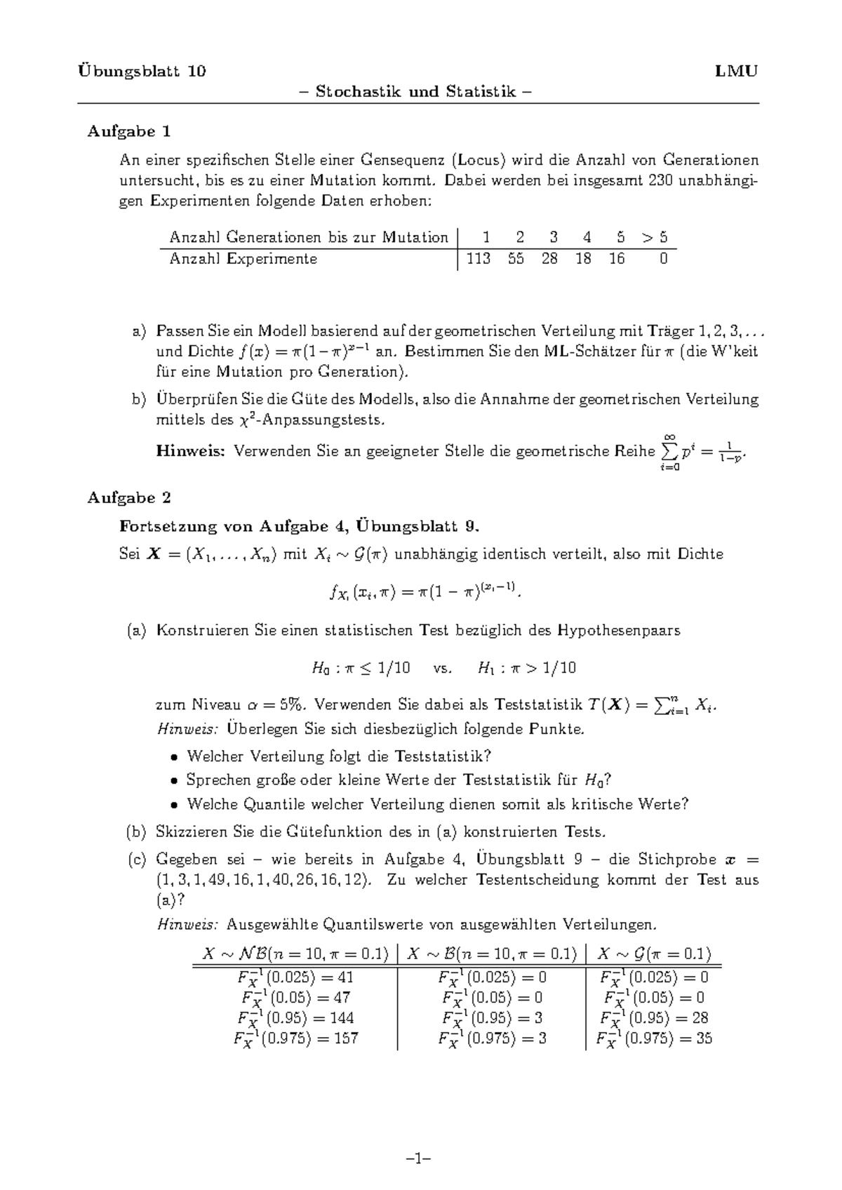 Blatt 10 - Ubungsblatt 10 ̈ - Stochastik und Statistik – LMU Aufgabe 1 ...