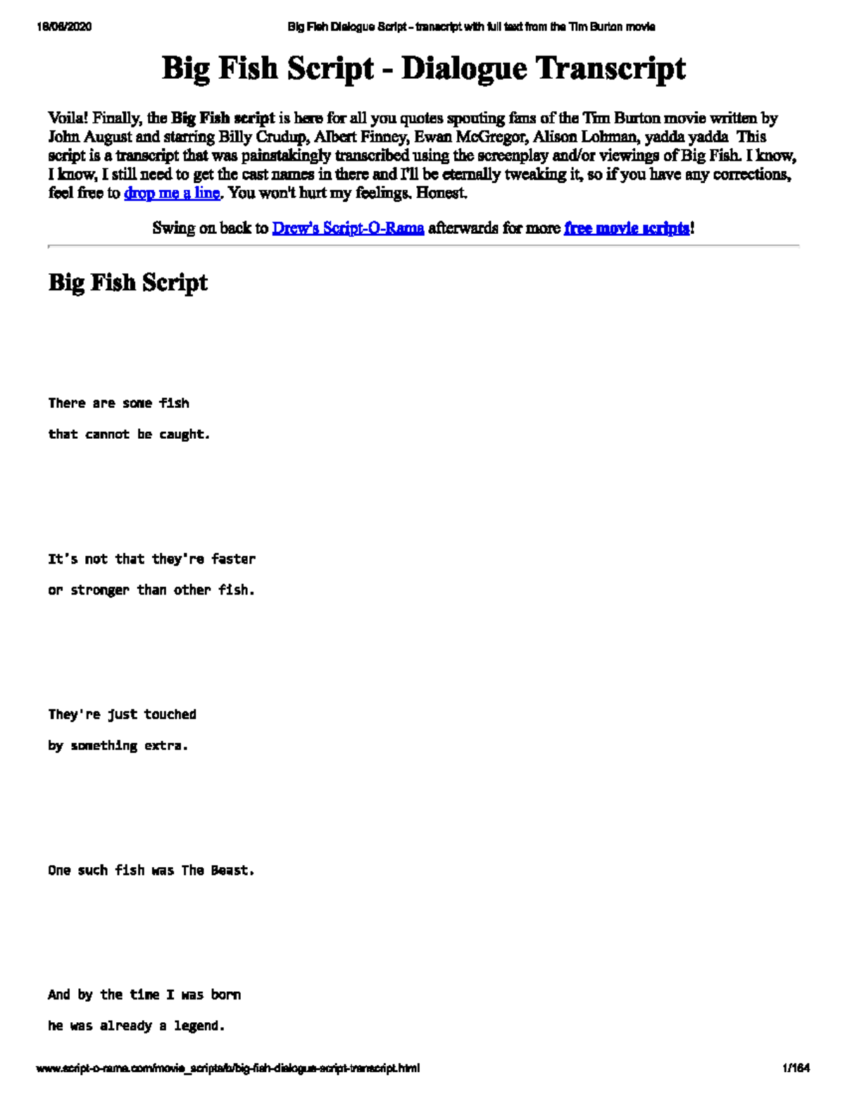 Big fish script - Big Fish Scrupt - ENGL1302 - Studocu