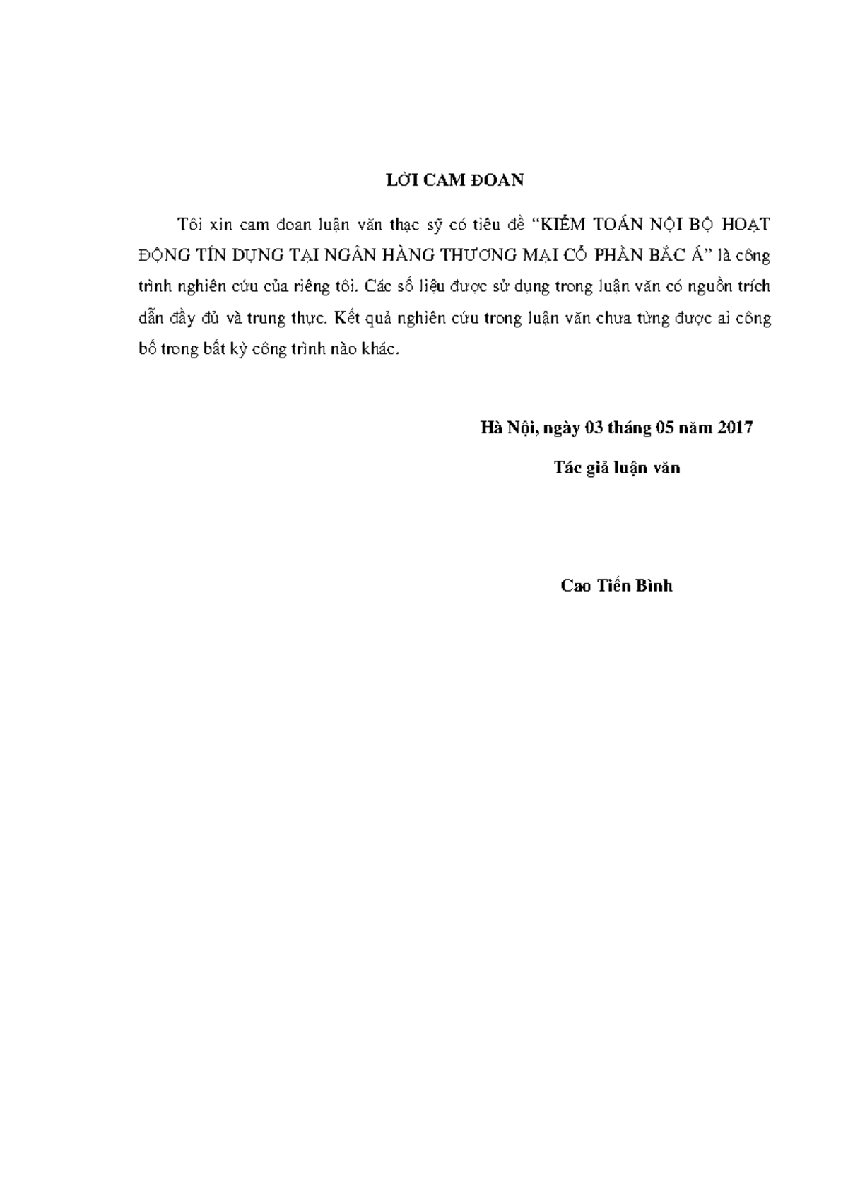 LV Cao Tien Binh KTNB HDTD tai Nhtmcp Bac A - LỜI CAM ĐOAN Tôi xin cam ...
