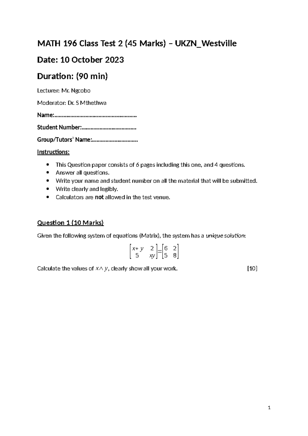 Test 2 Math 196 UKZN Westville - MATH140 - UKZN - Studocu