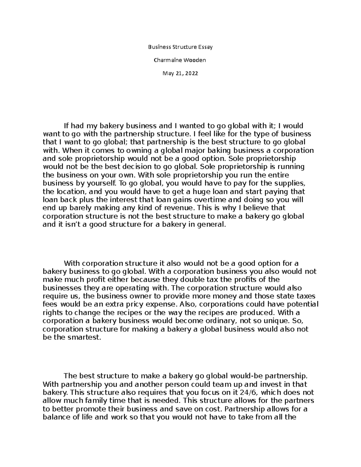 Business Structure Essay - Business Structure Essay Charmaine Wooden ...