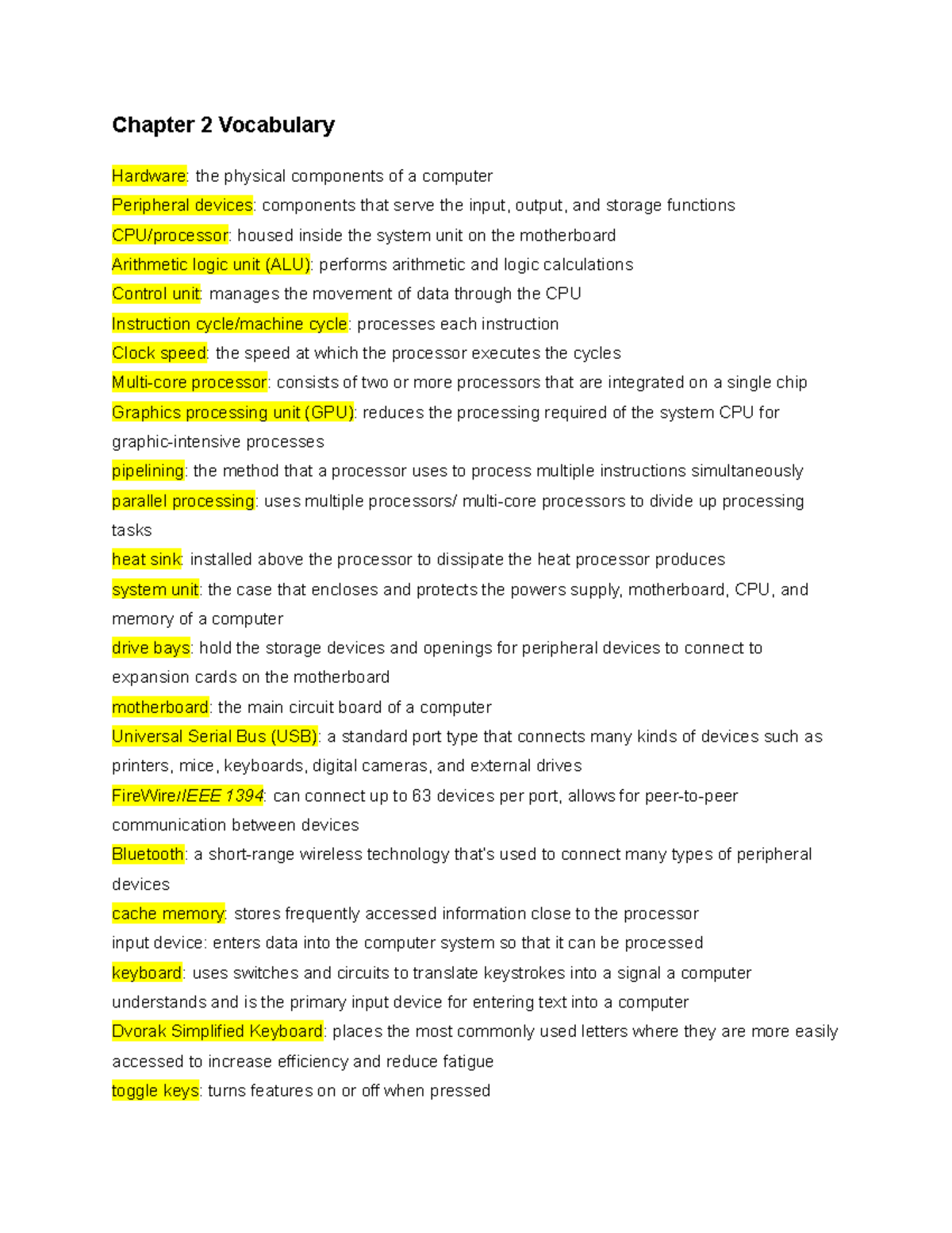 Chapter 2 Vocabulary - Lecture notes 2 - Chapter 2 Vocabulary Hardware ...