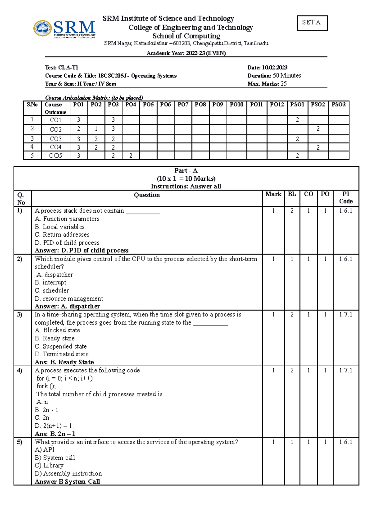 SET A - CLA T1 - Answerkey - SRM Institute of Science and Technology ...