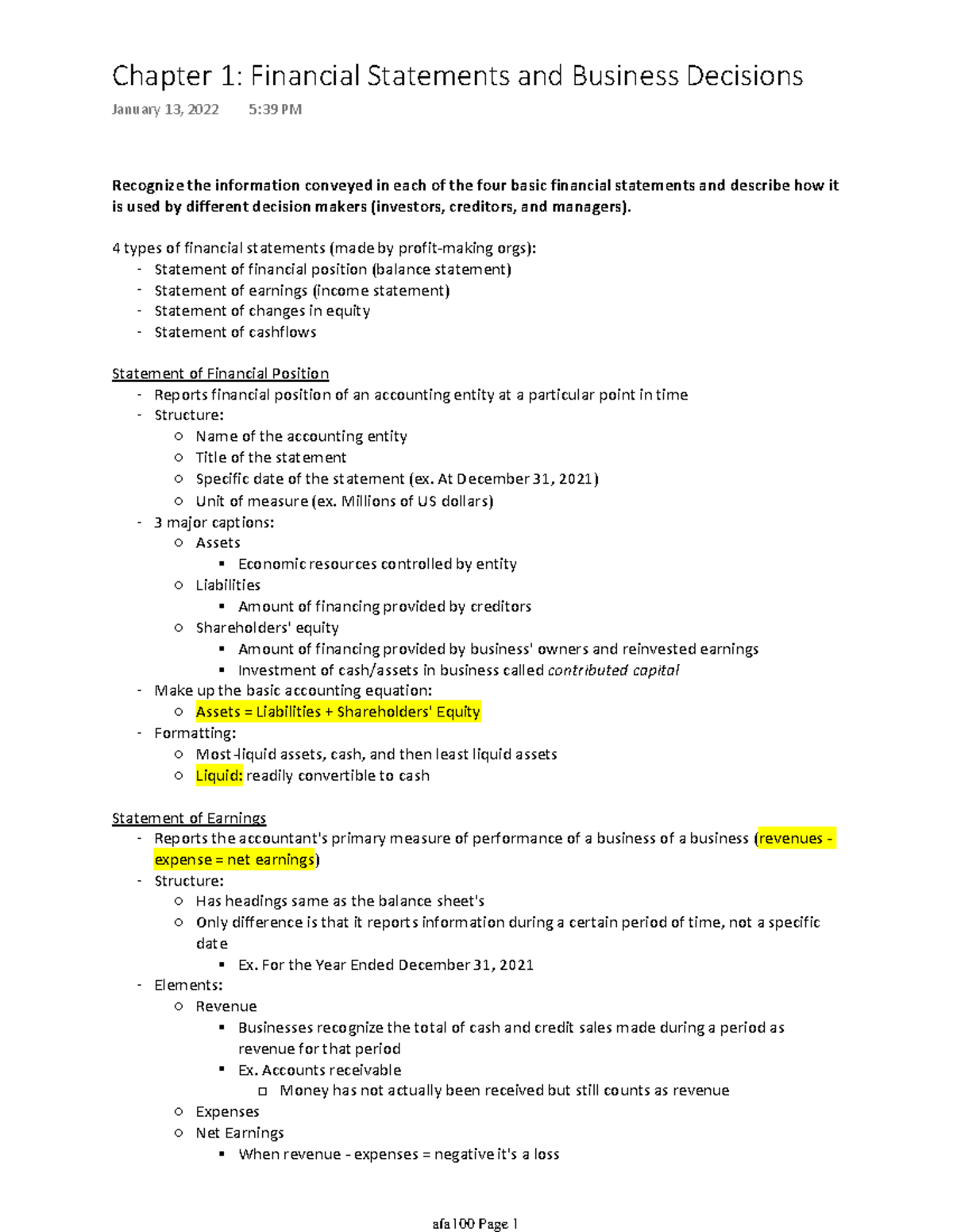 Chapter 1 Financial Statements and Business Decisions - Recognize the ...