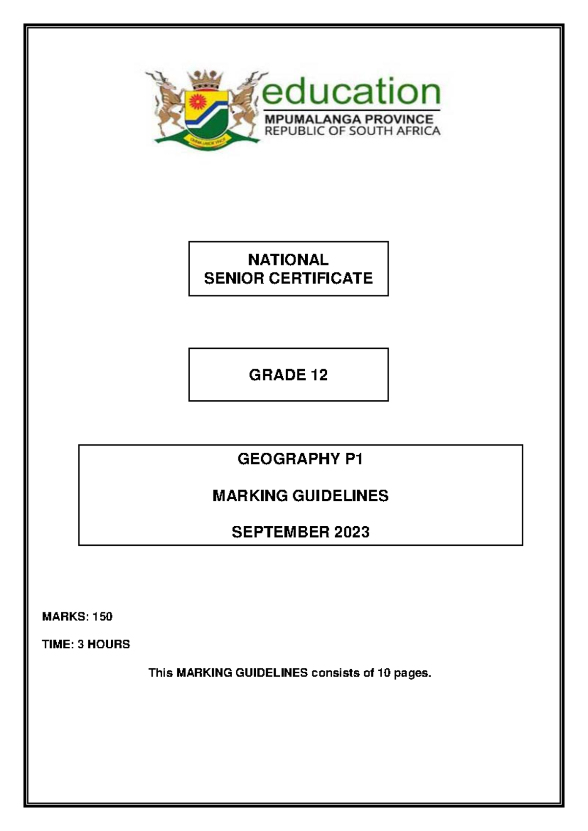 MP GEO P1 2023 SEPT Marking Guidelines - MARKS: 150 TIME: 3 HOURS This ...