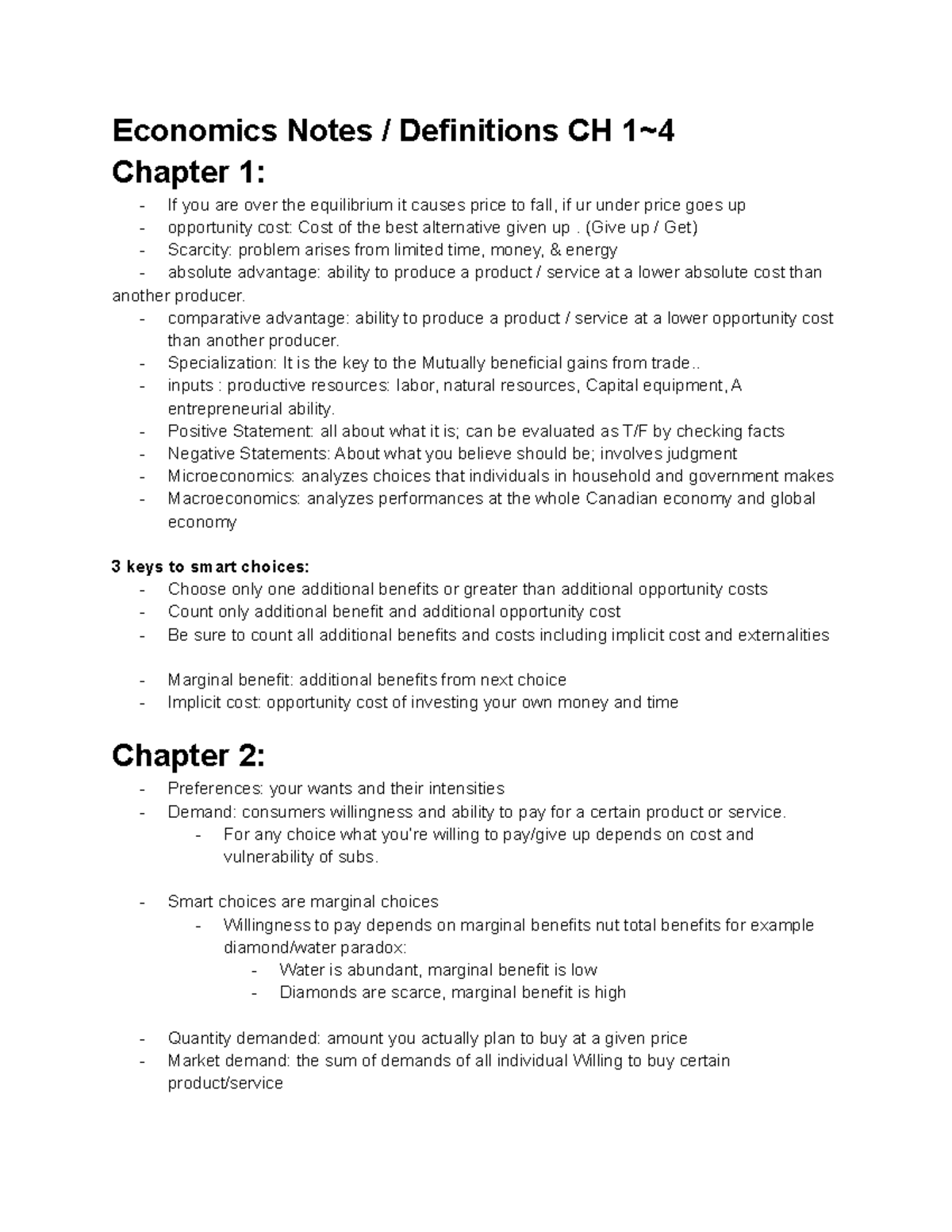 CH 1-4 Econ notes - Economics Notes / Definitions CH 1~ Chapter 1: If ...