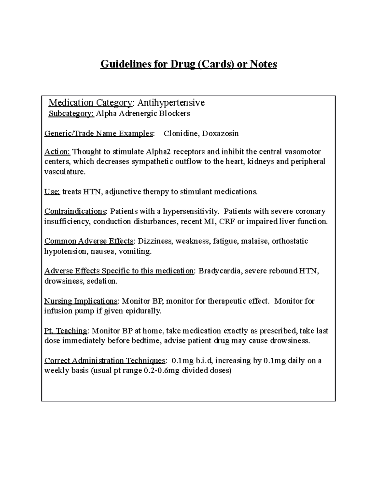 Clonidine - drug card/study guide - NUR 205 - ECPI University - Studocu