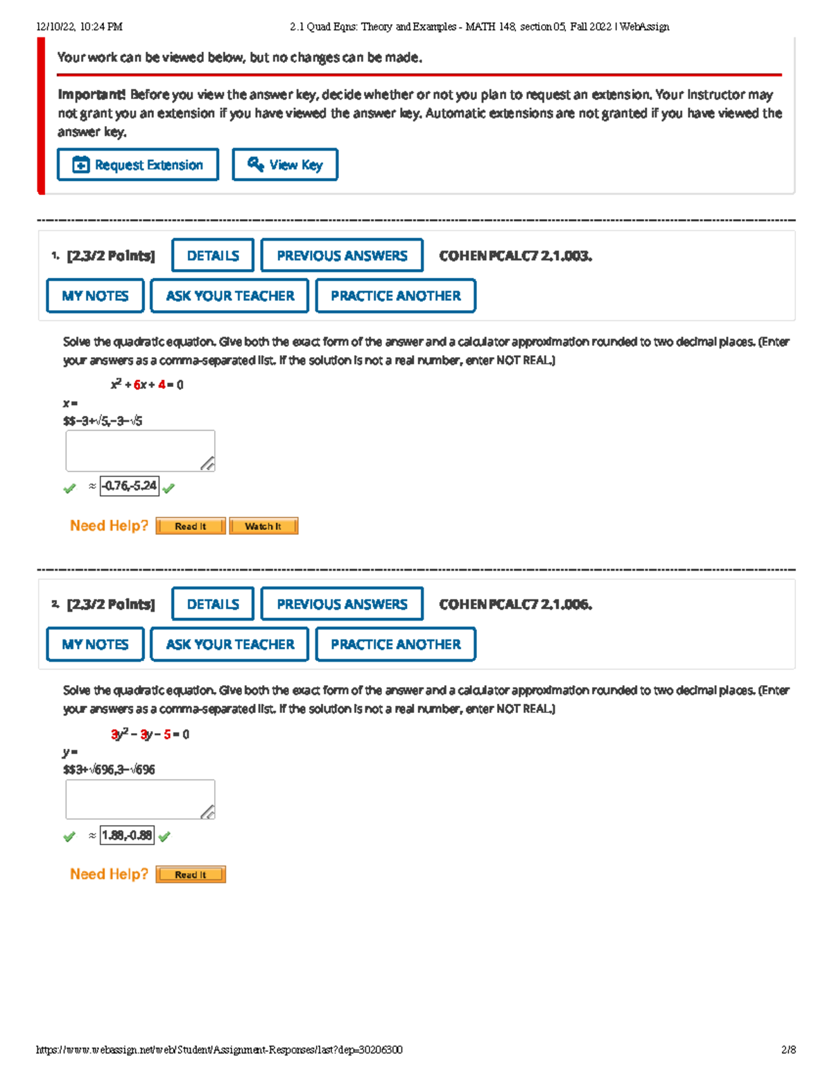 2.1 Quad Eqns Theory and Examples - MATH 148, section 05, Fall 2022 Web Assign - Solve the ...