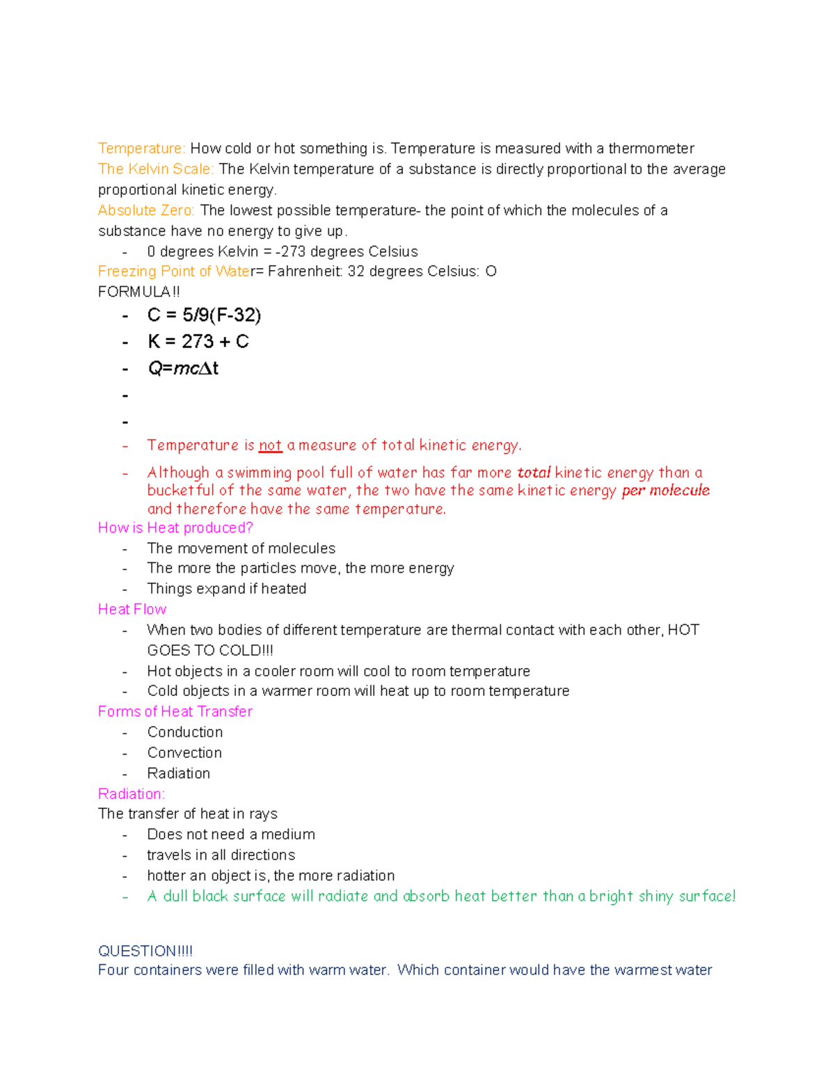 Physics Study Guide on Heat - Temperature:How cold or hot something is ...
