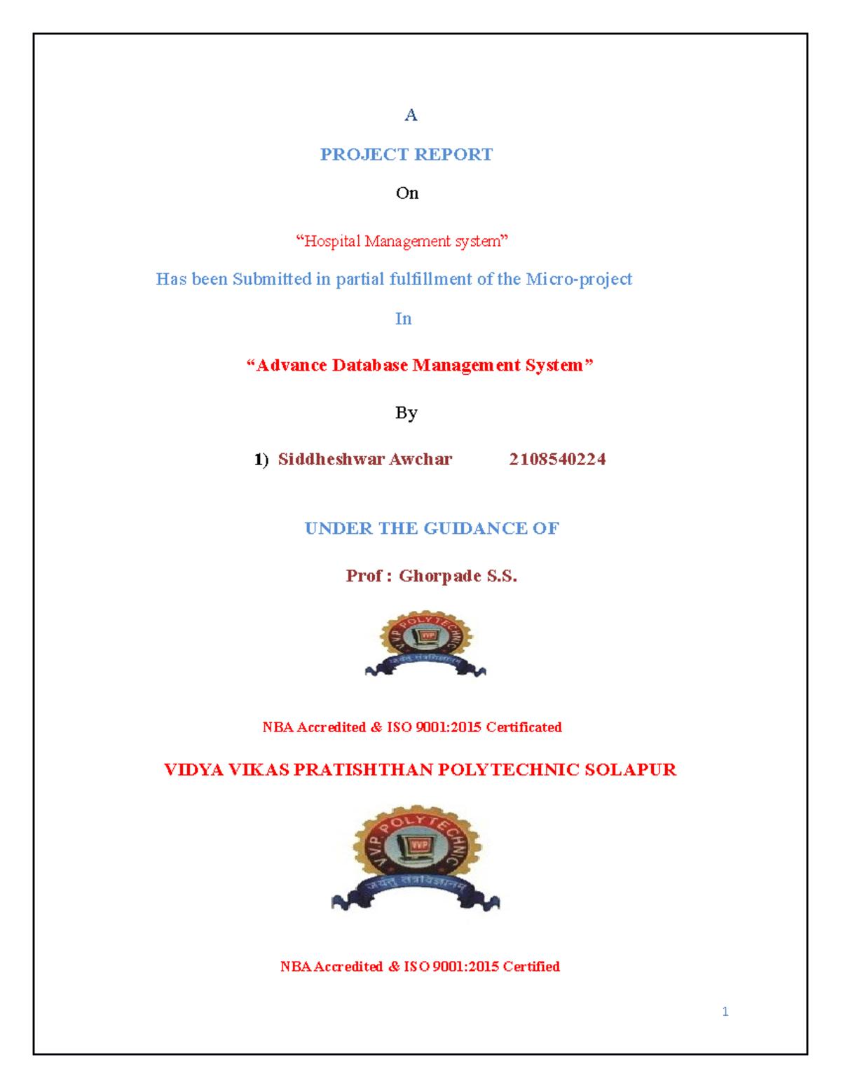 ADBMS Micro project - A PROJECT REPORT On “Hospital Management system” Has been Submitted in ...