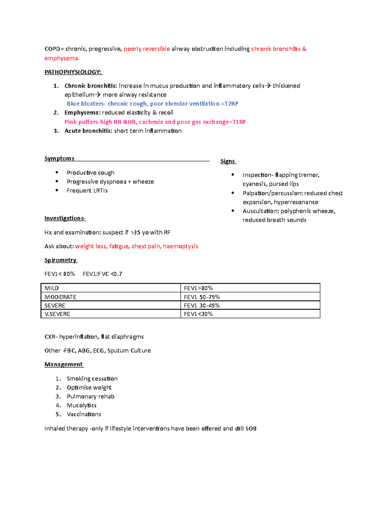 COPD handout - COPD= chronic, progressive, poorly reversible airway ...