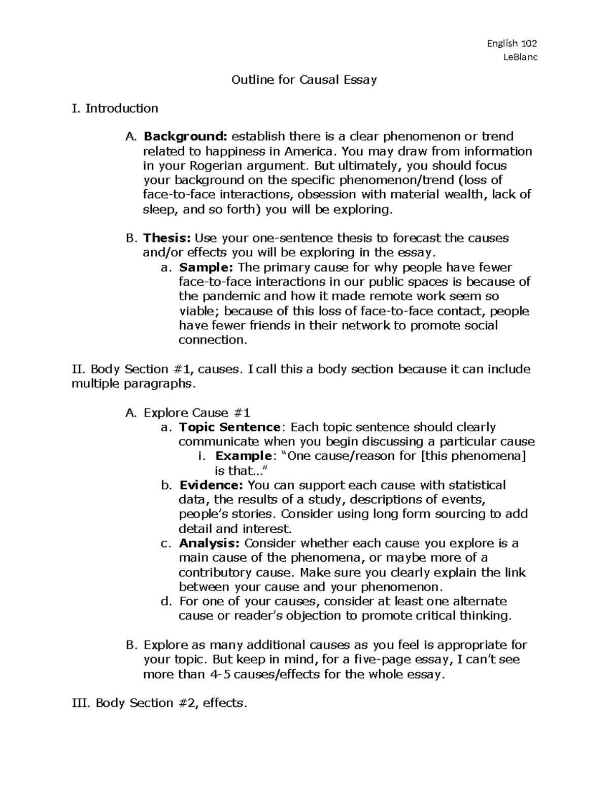 Outline for Causal Analysis - English 102 LeBlanc Outline for Causal Essay I. Introduction A ...