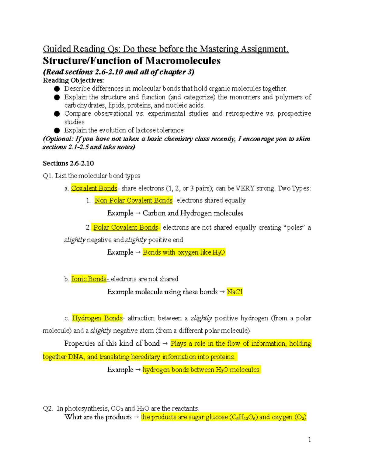 GRQ 2 - Structure/Function of Macromolecules - Guided Reading Qs: Do ...