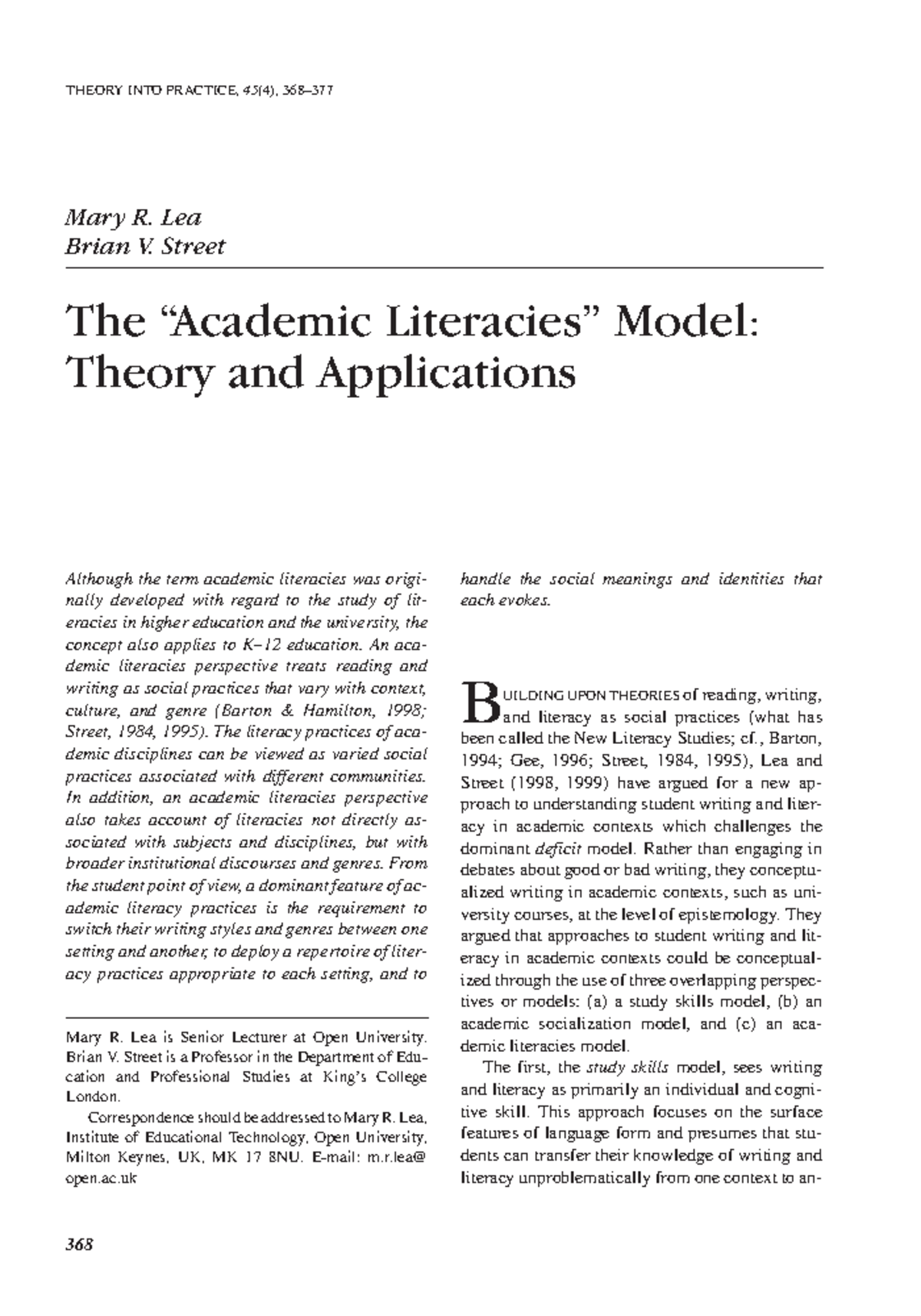 The Academic Literacies Model Theory and Applications - Mary R. Lea Brian V. Street The ...