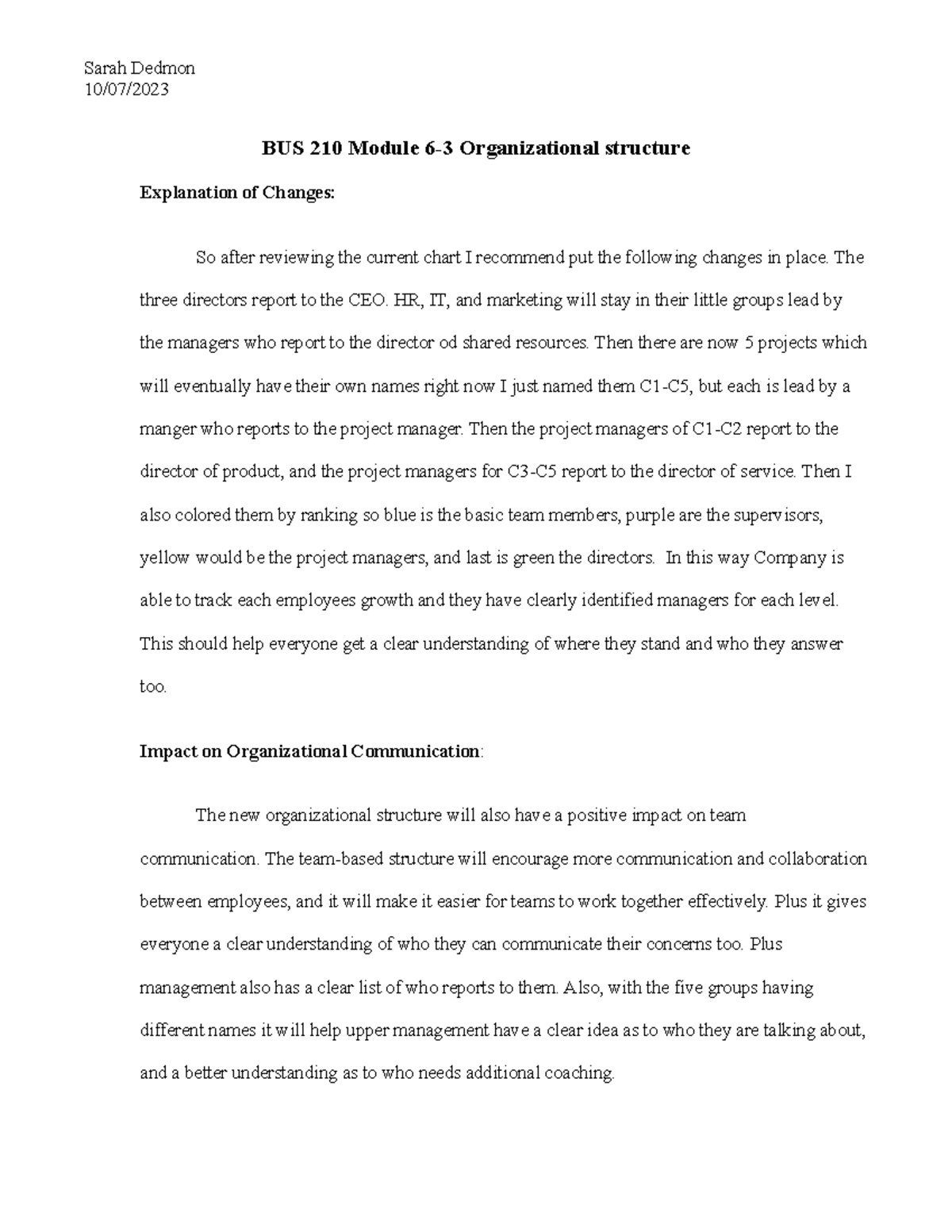 BUS-210 Module 6-3 Organizational structure - Sarah Dedmon 10/07/ BUS ...
