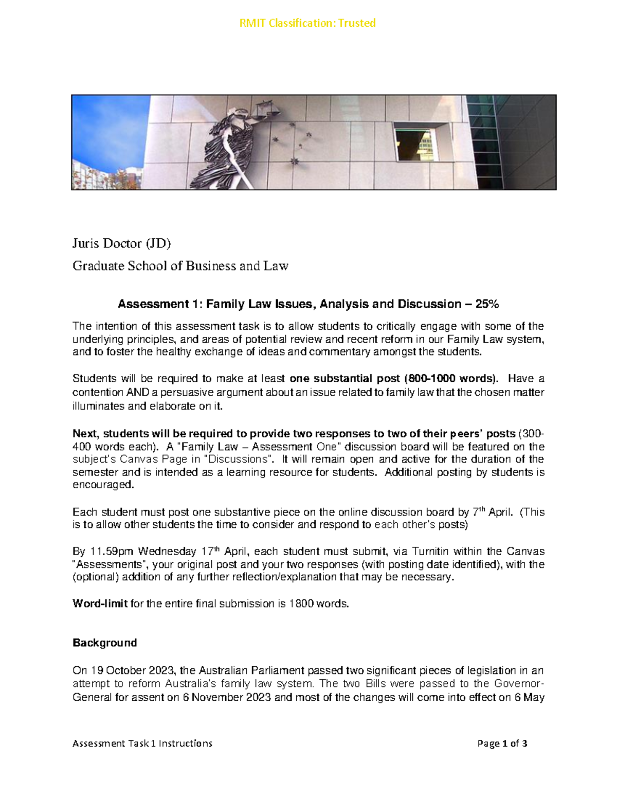 Family Law Assessment 1 - 2024 - Assessment Task 1 Instructions Page 1 of 3 RMIT Classification ...