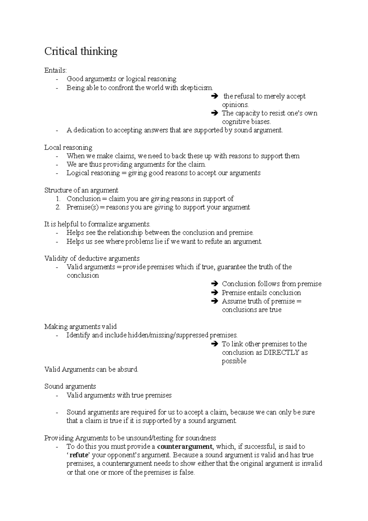 PHI2043S - Week 2 - Summary Business Ethics - Critical thinking Entails: - Good arguments or ...