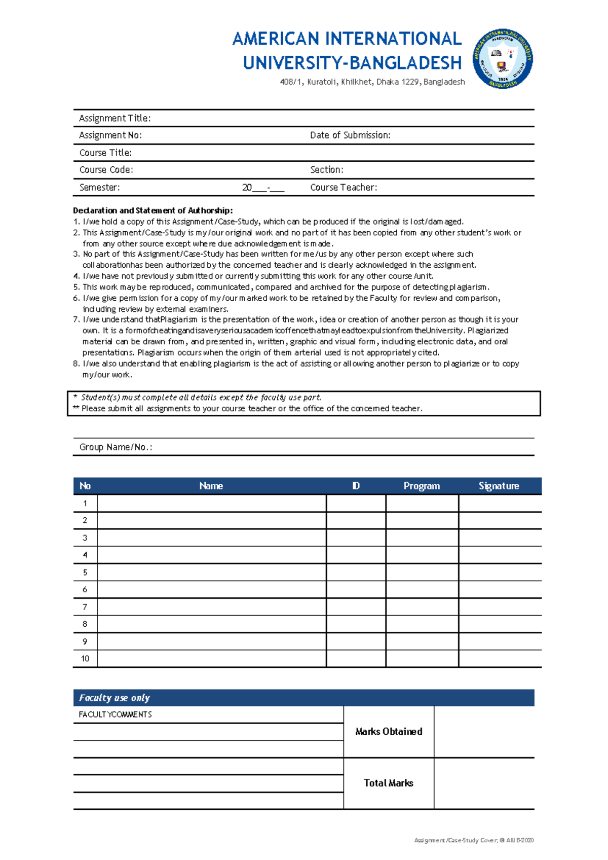 AIUB Assignment Cover Sheet - Assignment/Case-Study Cover; © AIUB- 2020 ...
