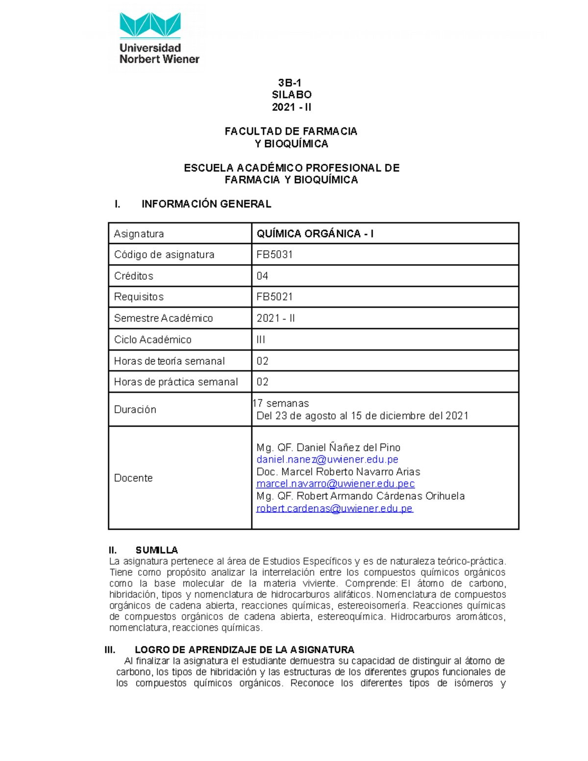 FB5031 silabus - Química Orgánica I 2021 - 3B- SILABO 2021 - II ...