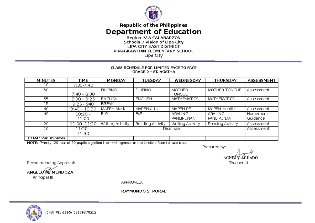 Class-Program-f2f Grade-2-St Agatha - Republic of the Philippines ...