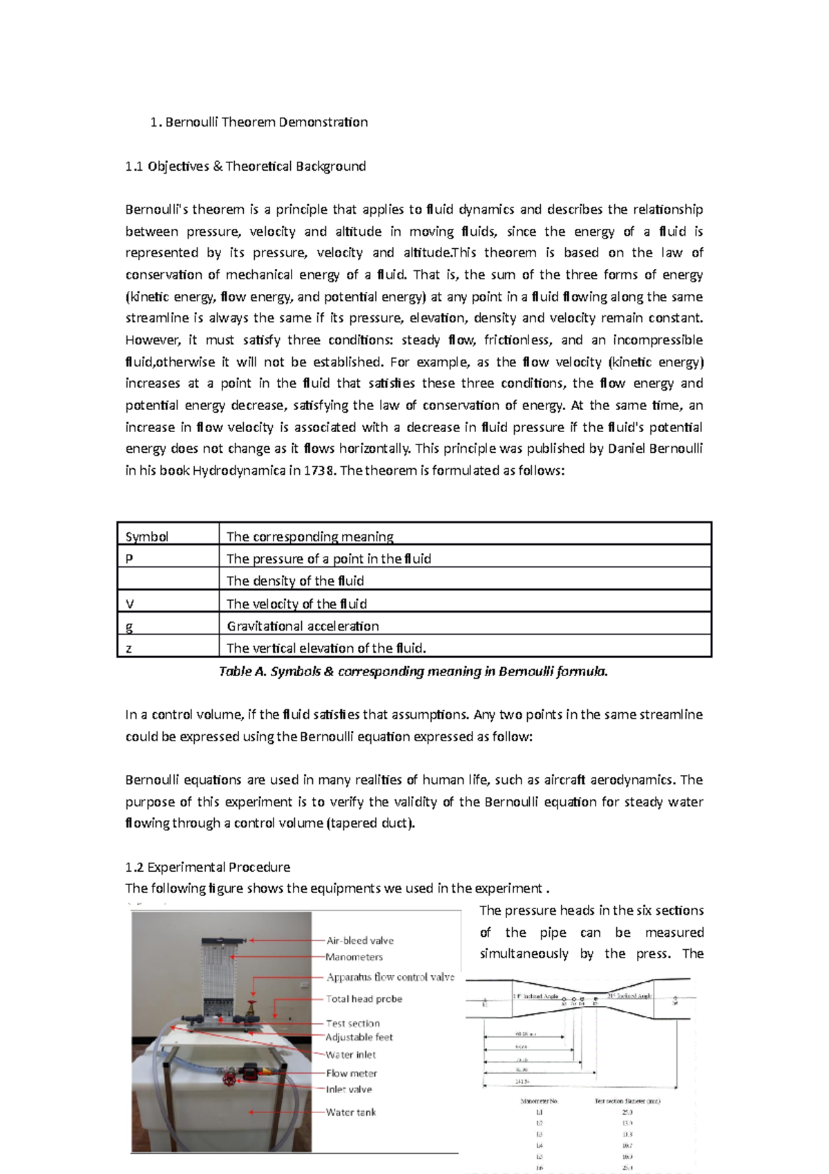 Fluid lab report 1 - Bernoulli Theorem Demonstration 1 Objectives ...
