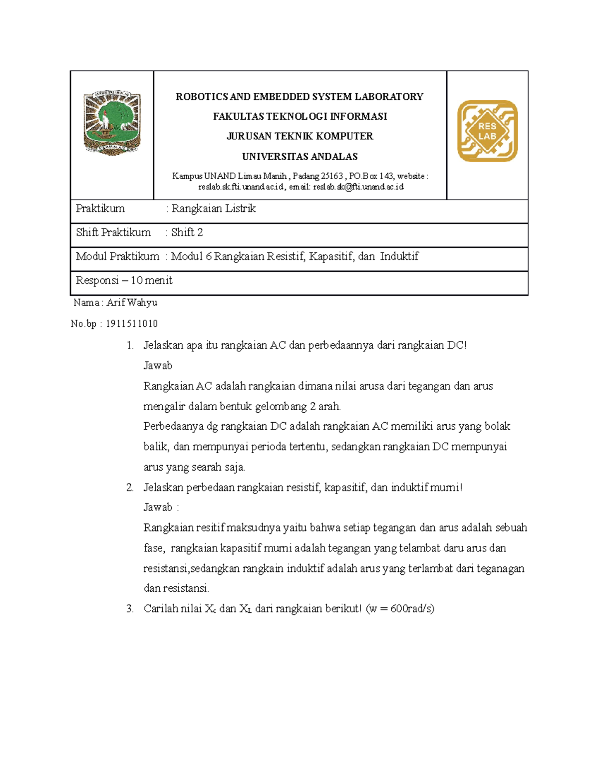II R.6 Arif Wahyu 1911511010 - ROBOTICS AND EMBEDDED SYSTEM LABORATORY ...
