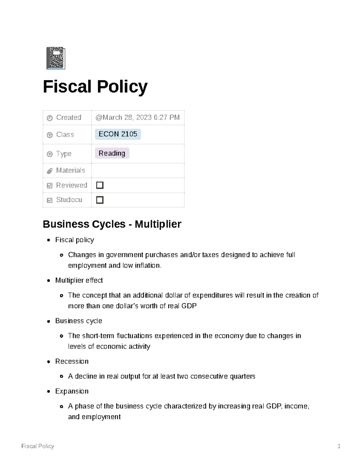 Fiscal Policy- ECON - Á Fiscal Policy Created Class ECON 2105 Type ...
