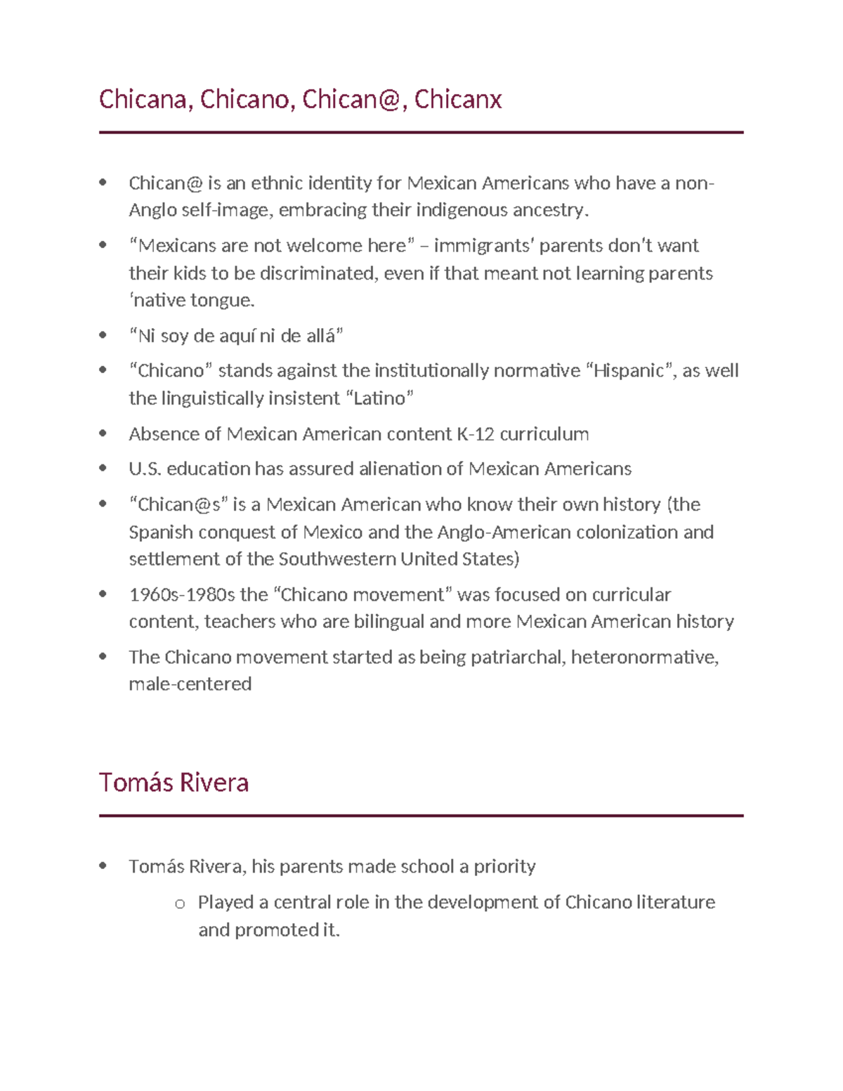 SPAN 359- Notes Chican@ + Tomás Rivera - Chicana, Chicano, Chican ...