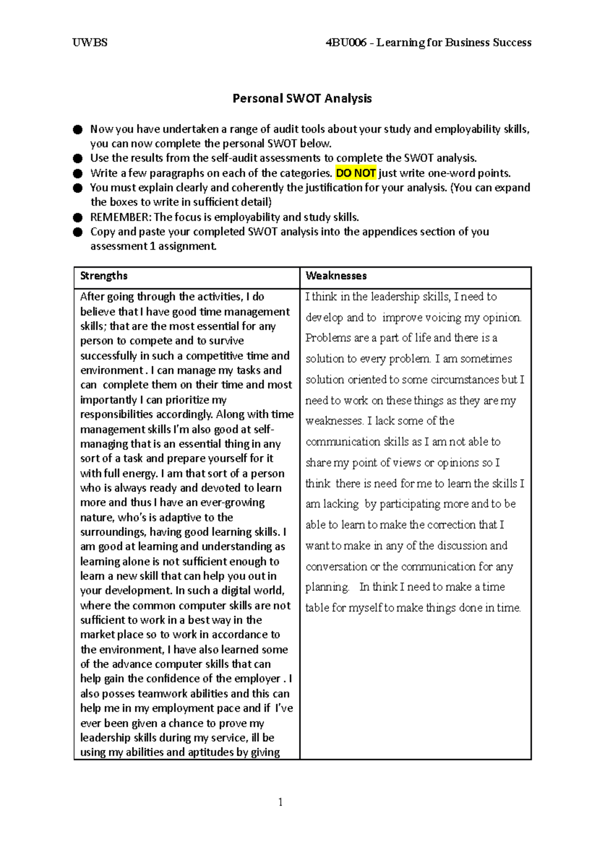Assignment 1 4BU006 SWOT analysis - UWBS 4BU006 - Learning for Business ...