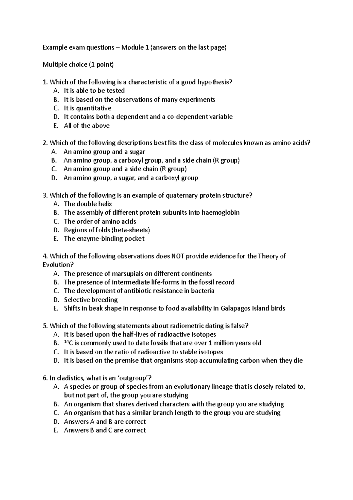 Example exam questions Module 1 - Example exam questions – Module 1 (answers on the last page ...