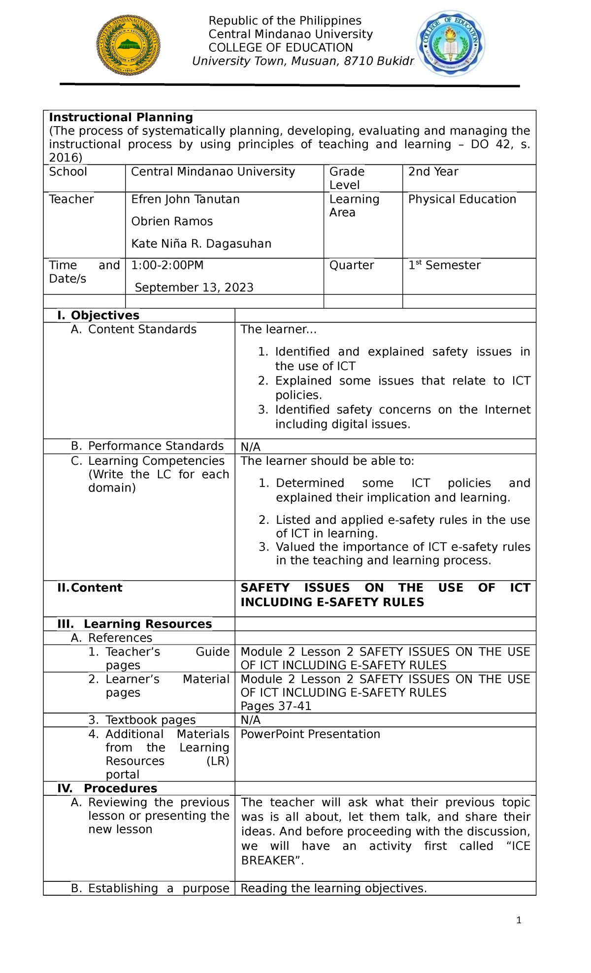 TTL Lesson PLAN Report 5 - Republic of the Philippines Central Mindanao ...