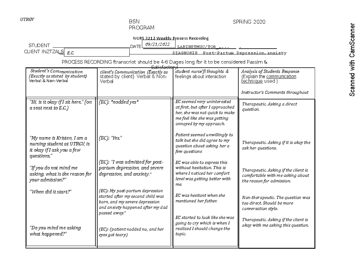 Process Recording (1st) - 2213 - STC - Studocu