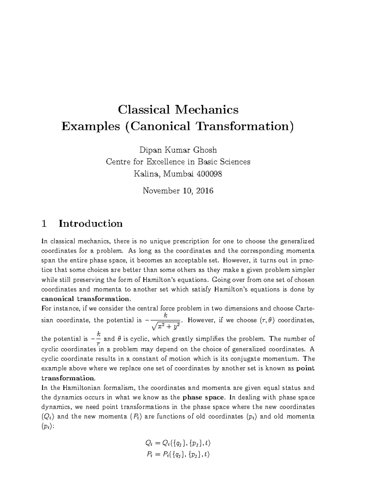 Https:static 1 - Classical Mechanics Examples (Canonical Transformation) Dipan Kumar Ghosh ...